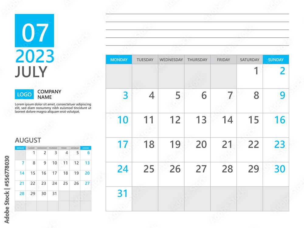 July 2023 template, Calendar planner 2023, week start on Monday, Desk ...