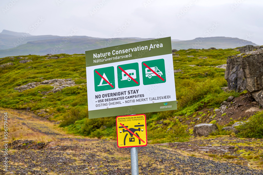 Nature Conservation Area sign prohibiting camping and drone flights ...
