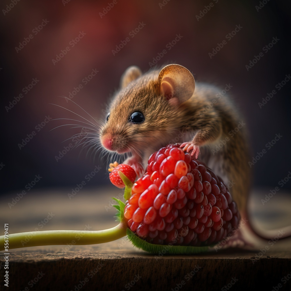a mouse is eating a strawberry on a table top with a mouse tail on it's ...