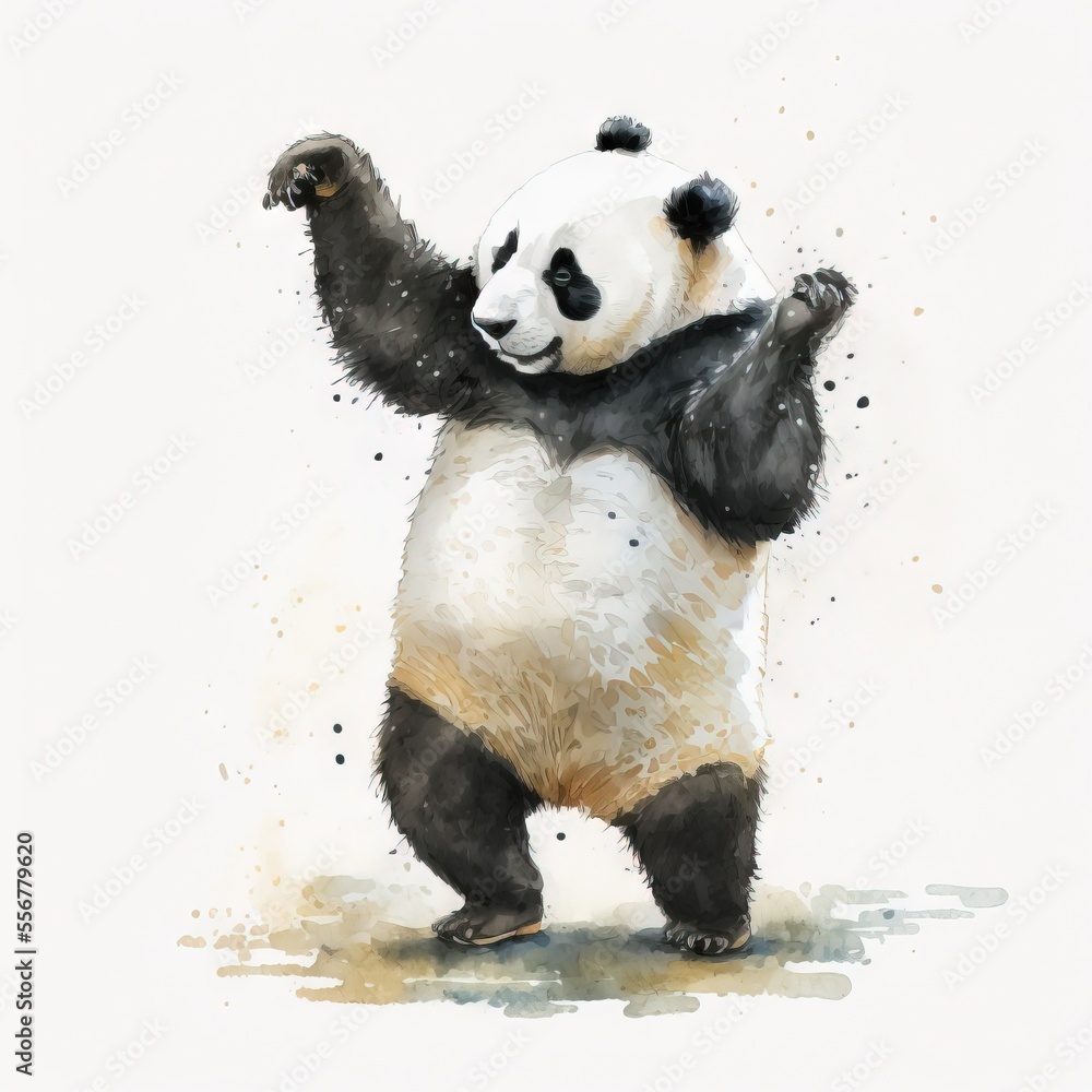 a panda bear is standing up and raising its arms in the air with its ...
