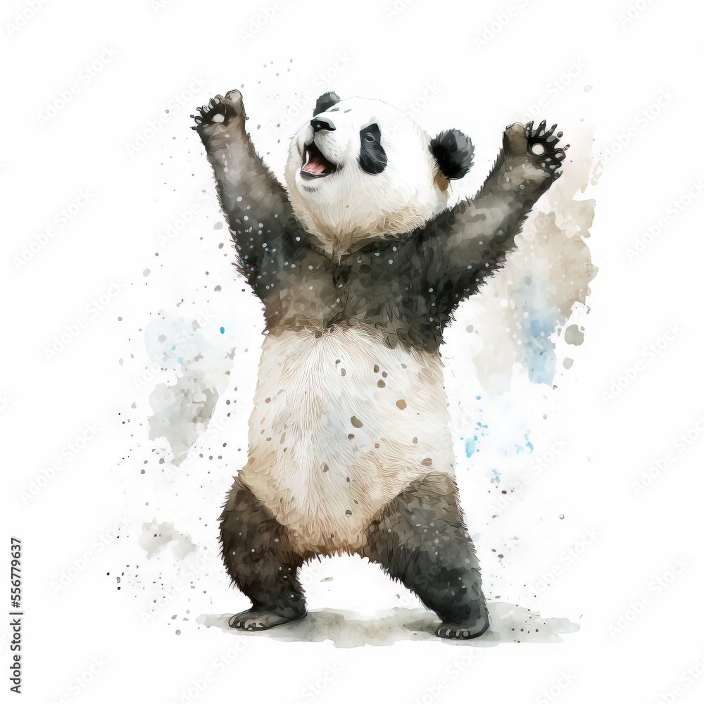 a panda bear is standing up and raising his arms in the air with his ...
