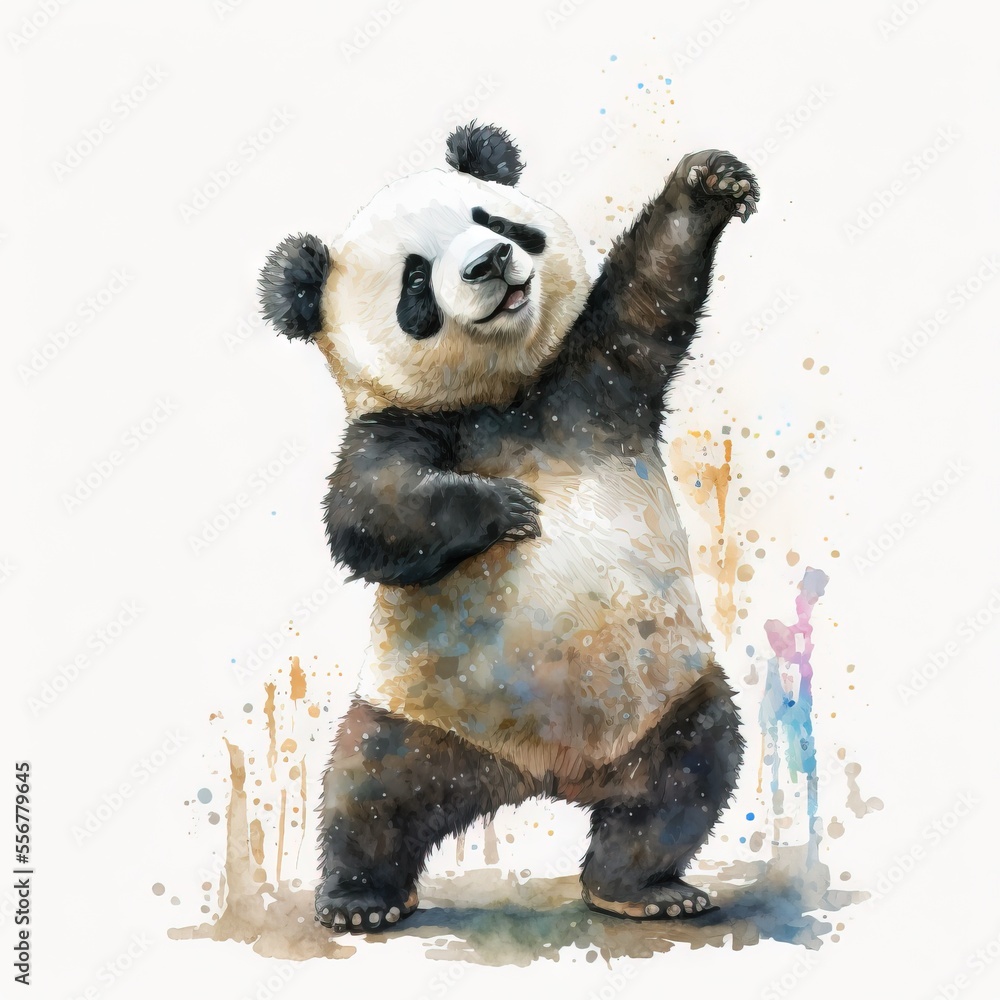 a panda bear is standing up and raising its arms in the air with his ...