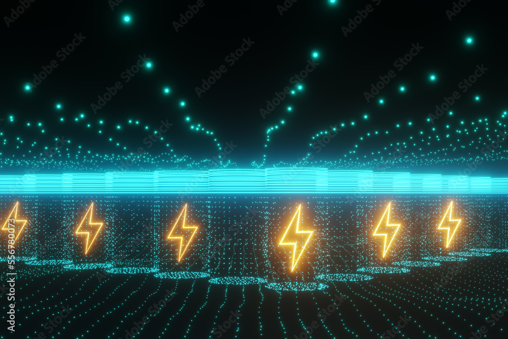 Heap of batteries and flash symbols created by dotted neon lights ...