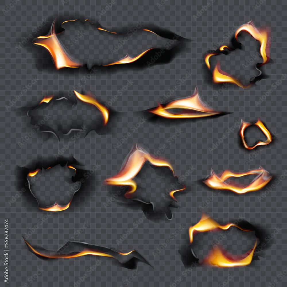 Burning holes, fire flames. Realistic burnt paper. Burned paper ...