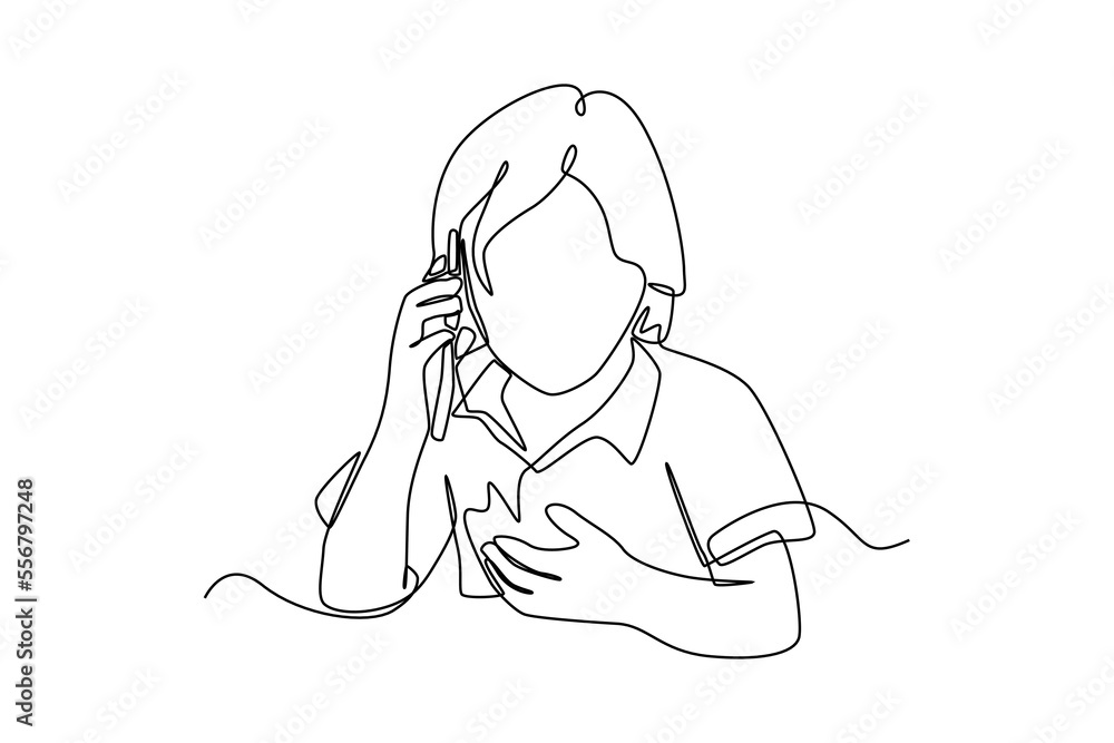 Continuous one line drawing little girl using smartphone. Communication ...