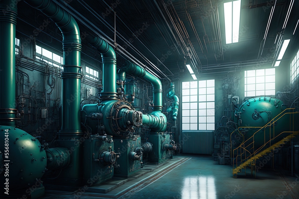 compressed air processing plant control room industrial pipes and ...