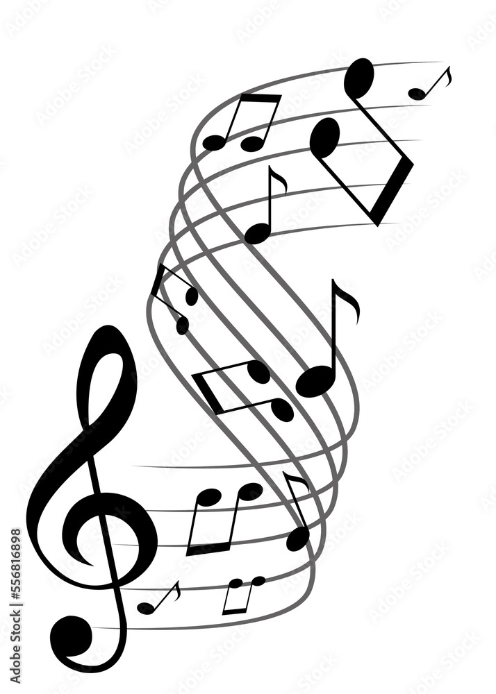 Treble clef and swirly staff with musical notes on white background ...
