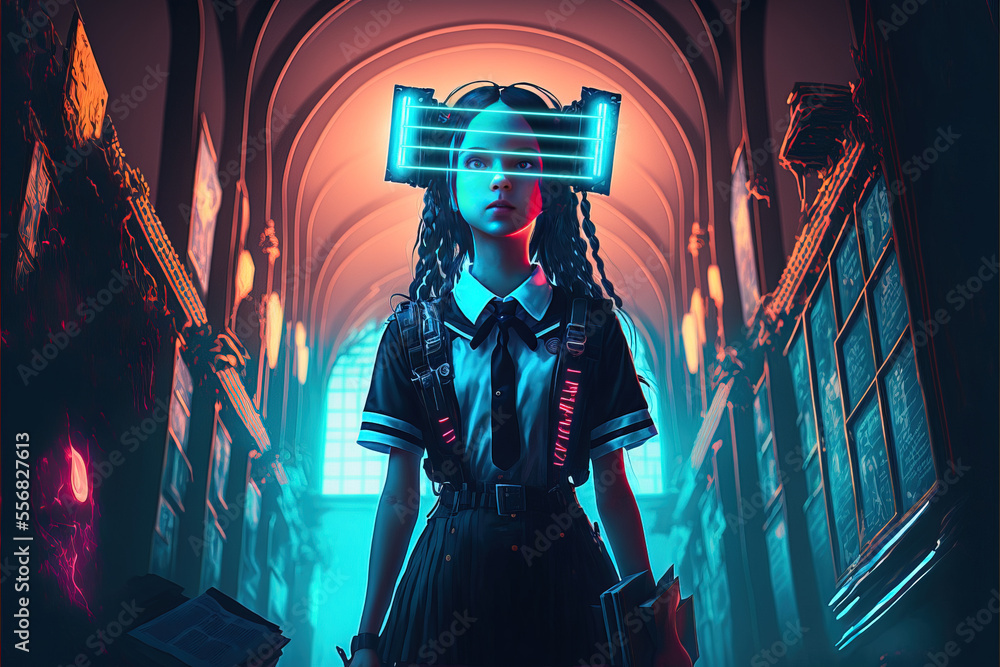 A charming, goth school girl dressed in black wearing a VR headset ...