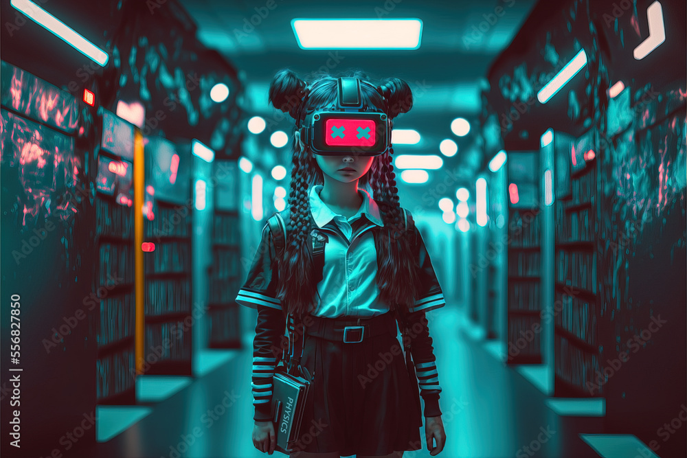 A charming, goth school girl dressed in black wearing a VR headset ...
