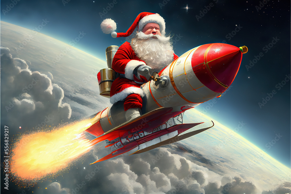 santa clause on a rocket with red hat, delivering presents for ...