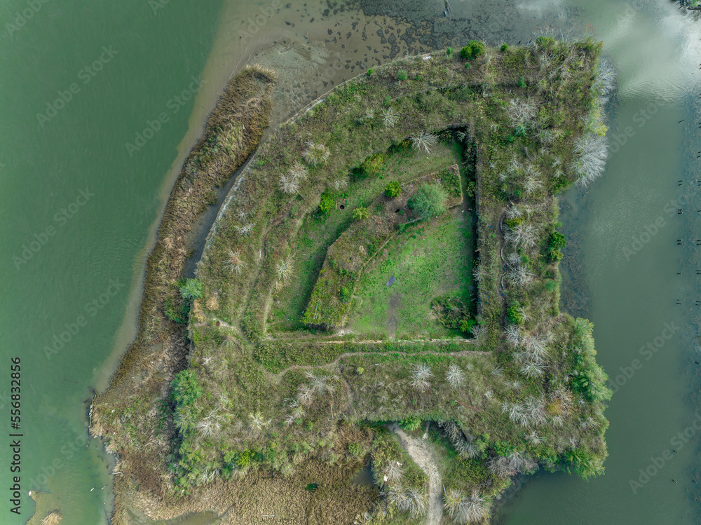 Aerial view of Fort Macomb near New Orleans, ruined historic brick fort ...