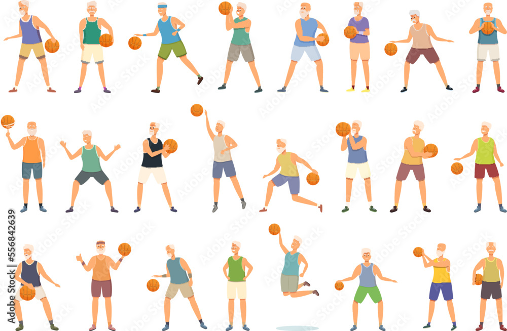 Older people play basketball icons set cartoon vector. Old sport. Old ...