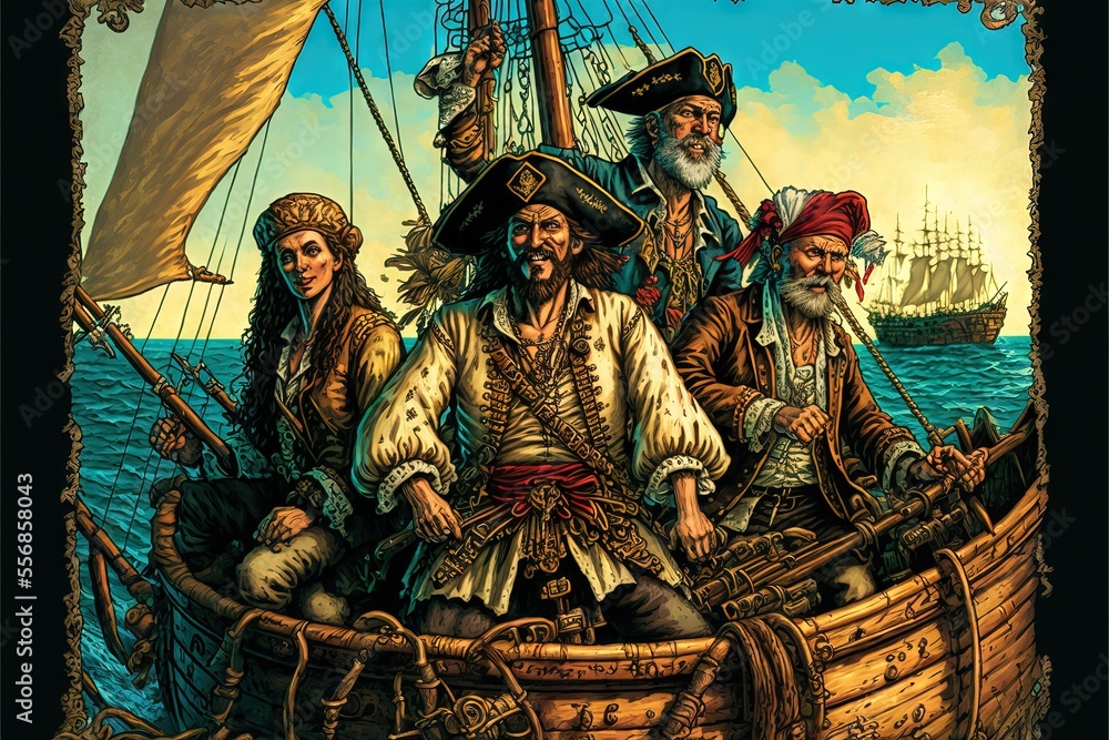 A Pirate Crew Sailing in the Sea, with swords,knives, guns, and canons ...