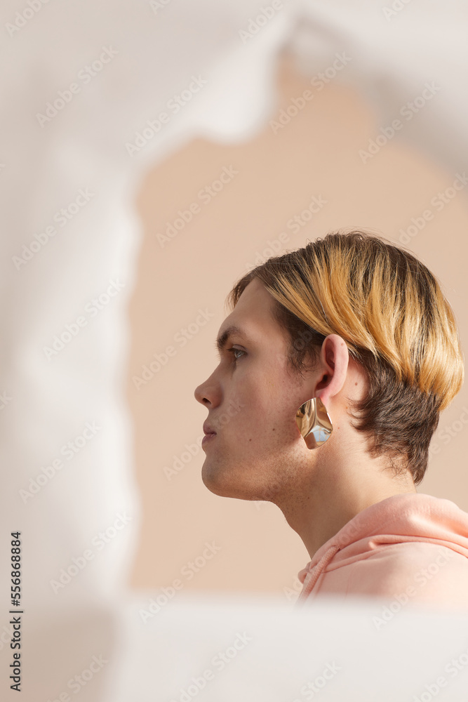 Portrait of stylish feminine male model with golden earring in profile ...