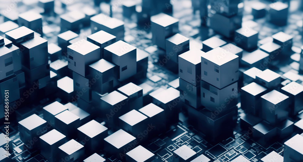 Abstract metallic cubes background. Featuring a blue lighting effect and 3D cubes, this image is ...