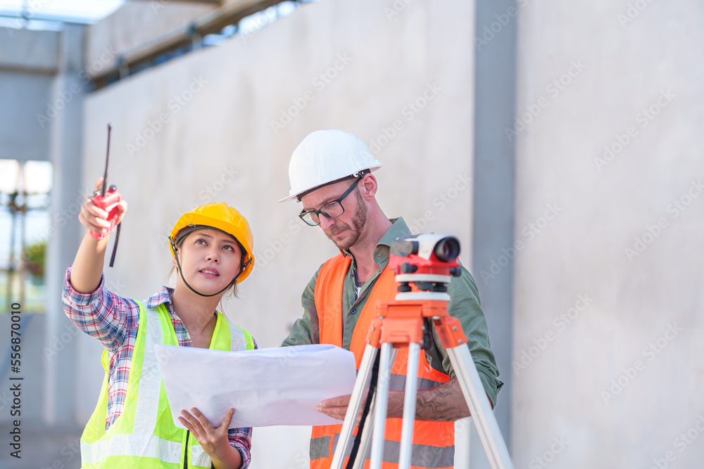 Construction Worker Using Theodolite Surveying Optical Instrument for ...