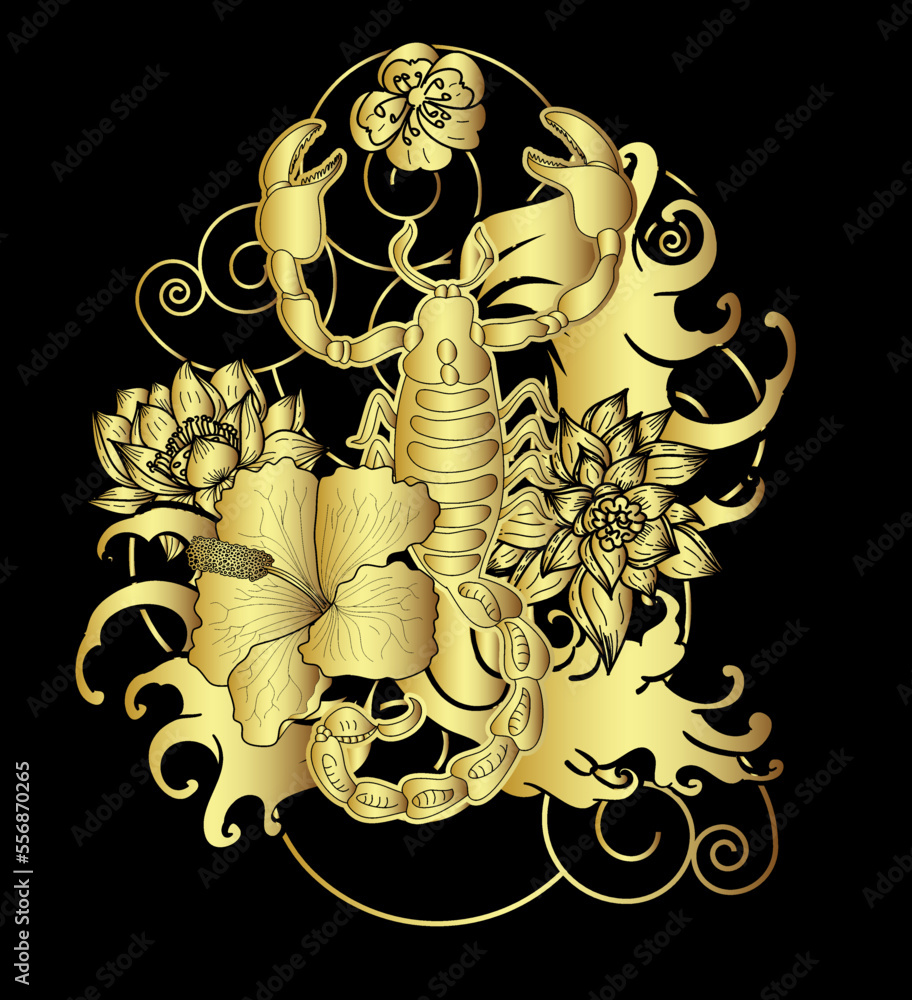 Scorpion tattoo with flower Japanese style.Design For Print a T-Shirt ...
