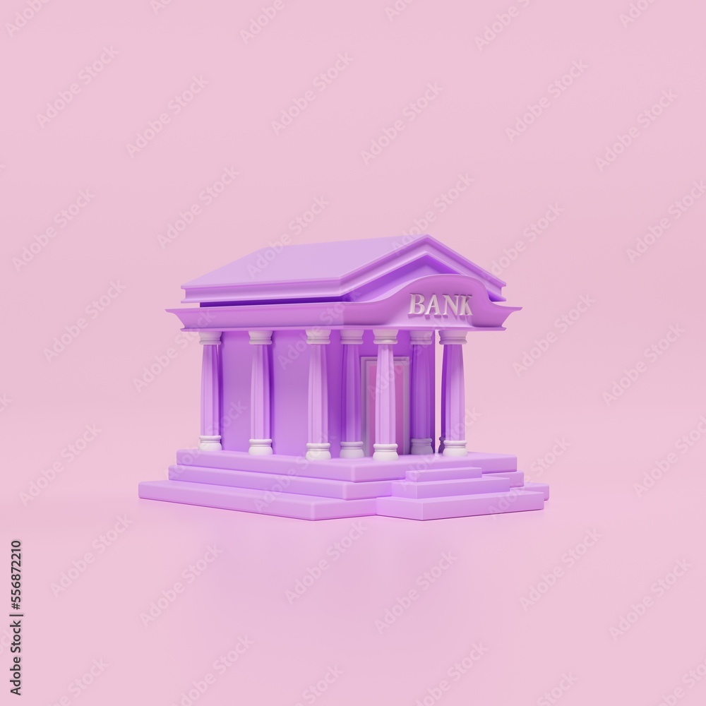 A purple bank building on a purple background from the right side view ...