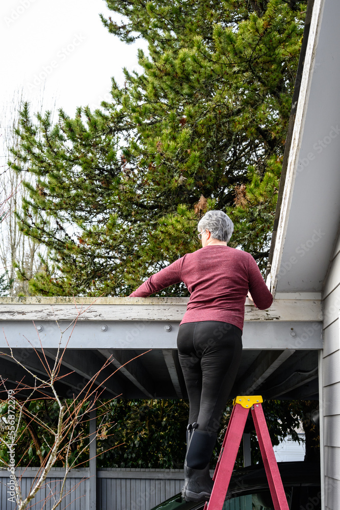 Middle aged woman climbing a ladder to a carport flat roof for storm ...