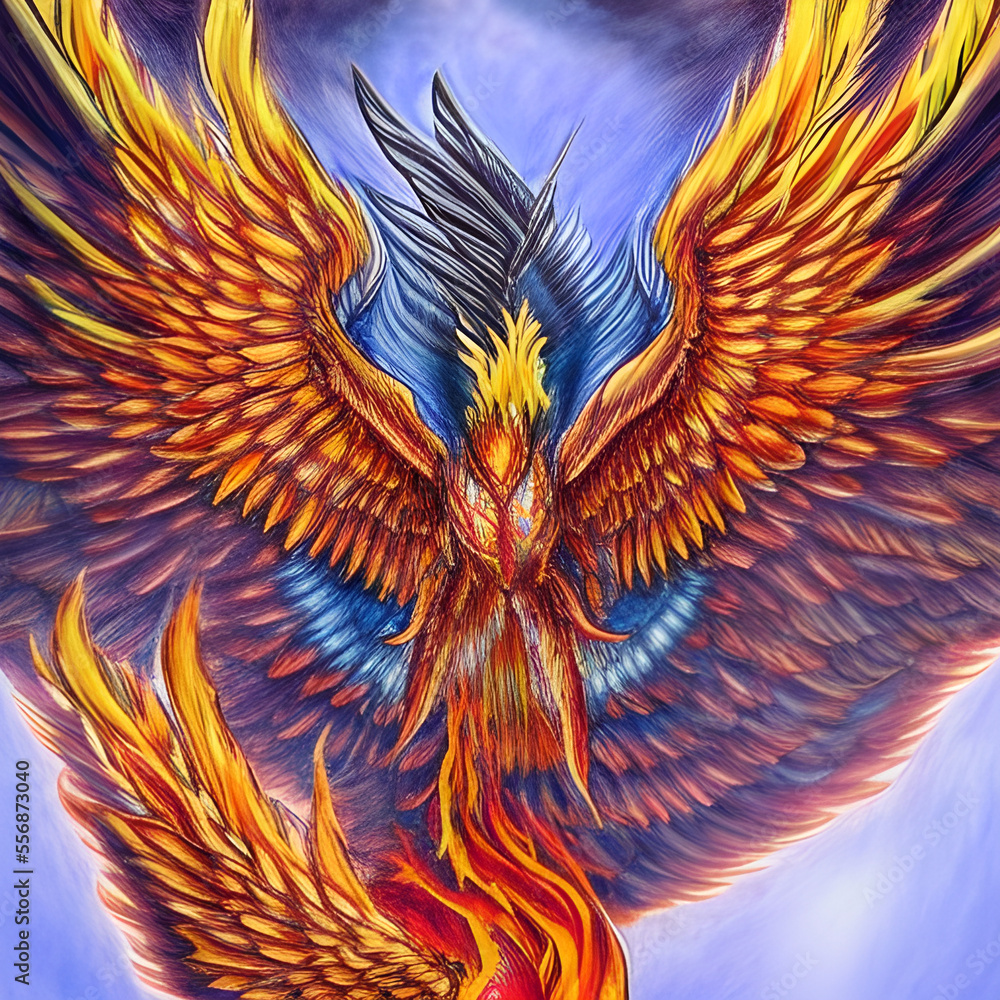 Mythological symbol of rebirth. Phoenix with burning wings and tail ...