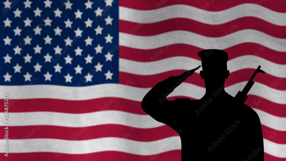 American soldier saluting the blur waving nation flag in slow motion ...