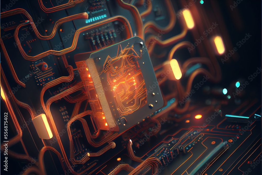 close-up macro shot of circuit cyberspace board with computer ...