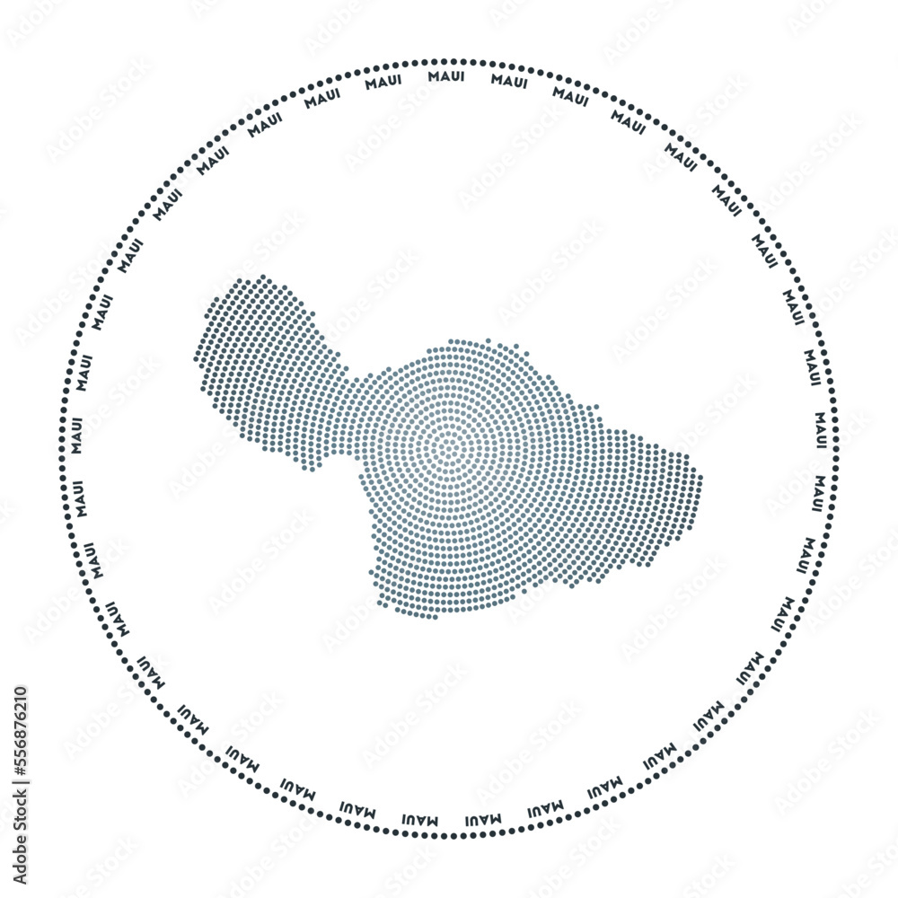 Maui round logo. Digital style shape of Maui in dotted circle with ... Maui round logo. Digital style shape of Maui in dotted circle with ...