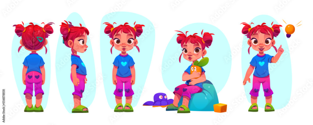 Little girl cartoon character for animation front, side and rear view ...