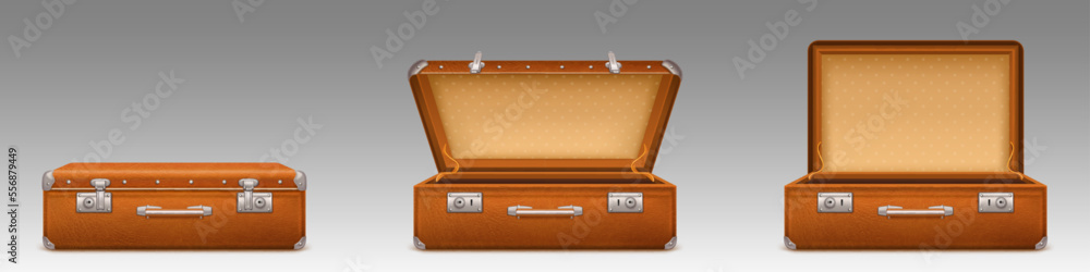 Vintage suitcase, briefcase for luggage in travel and trip. Empty open ...