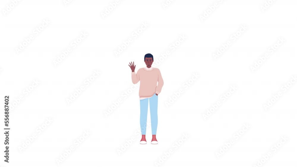 Animated male character waving hand. Young man greeting in English ...