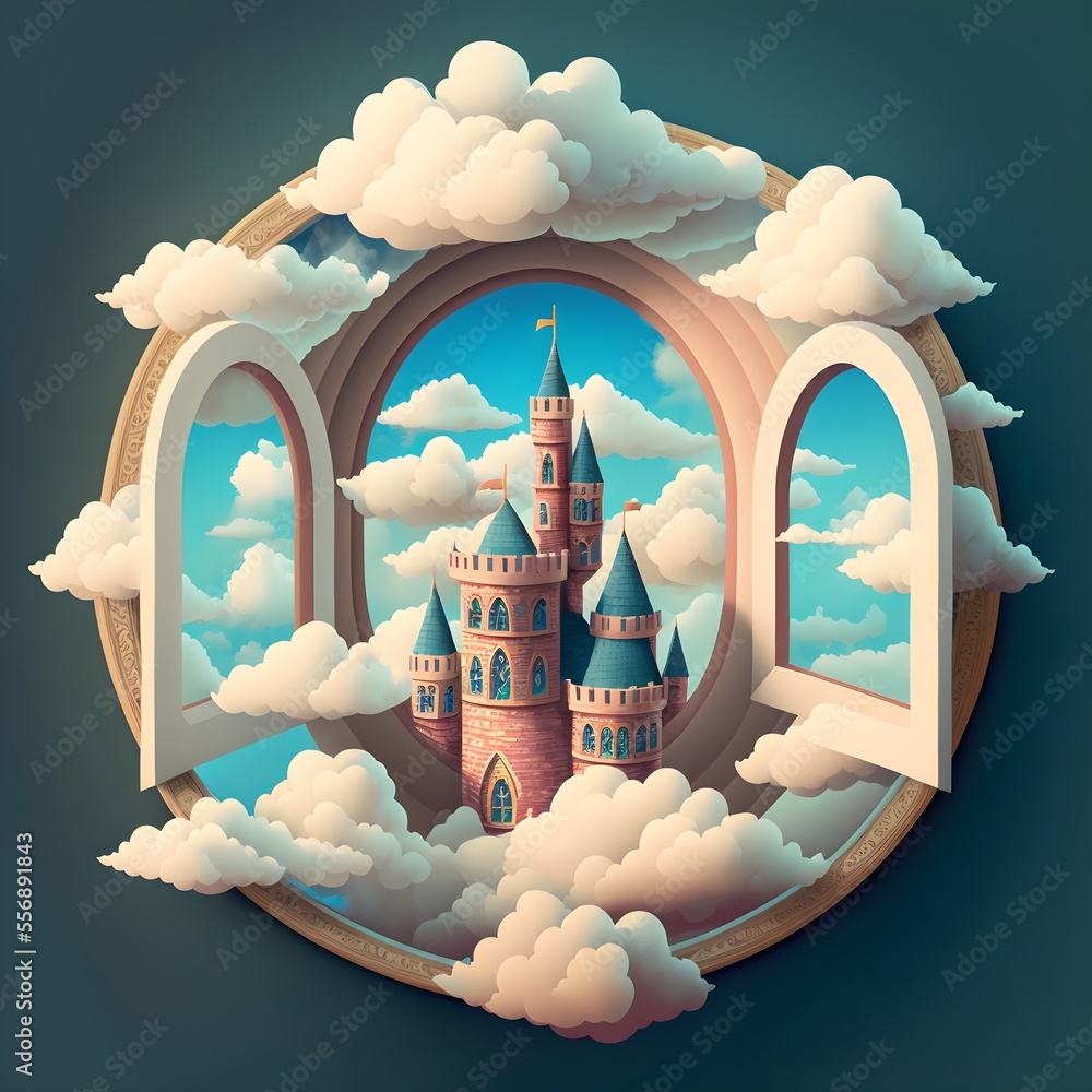 A 3D design of a window that opens and the clouds emerge from it ...