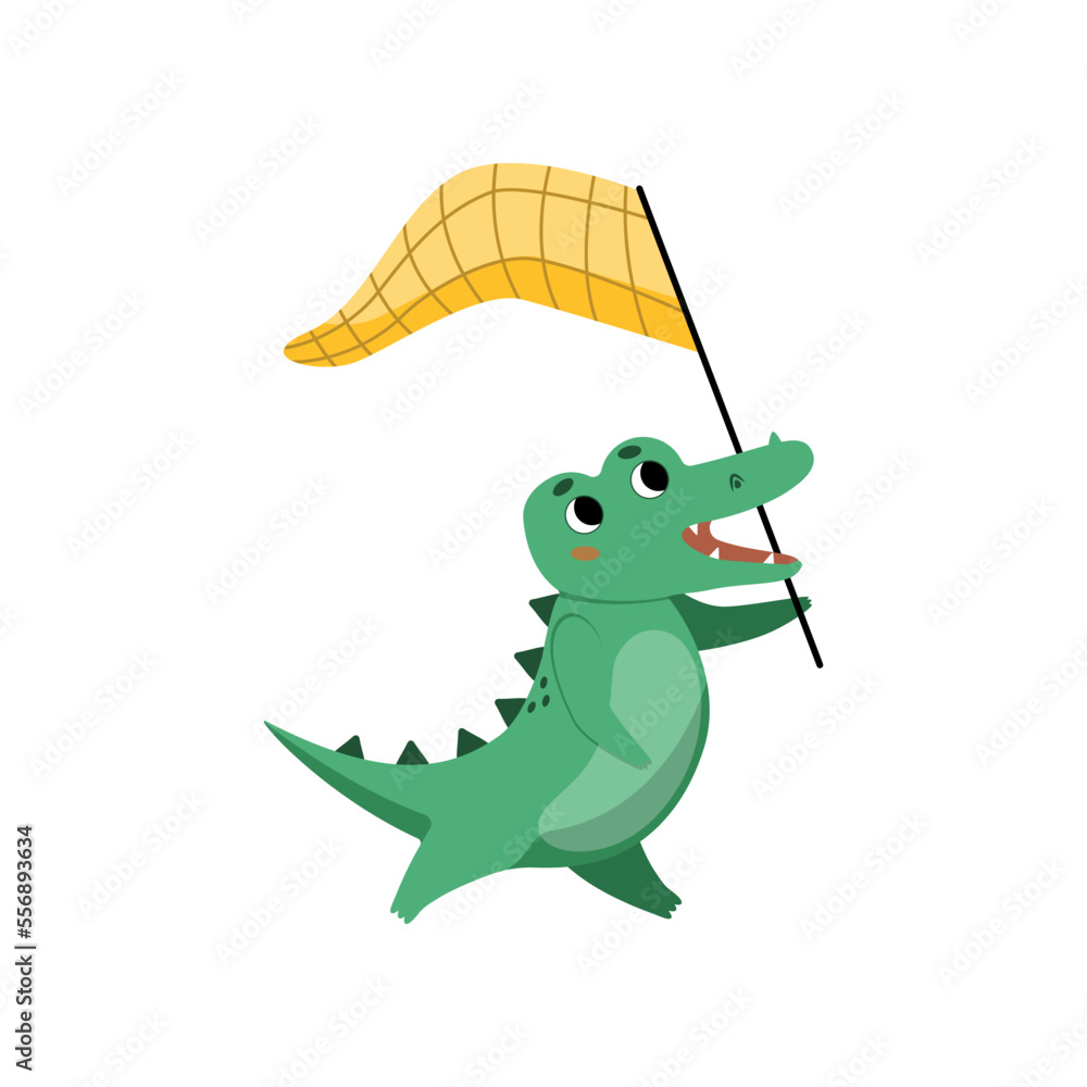 Cute crocodile running with flag cartoon illustration. Funny alligator ...