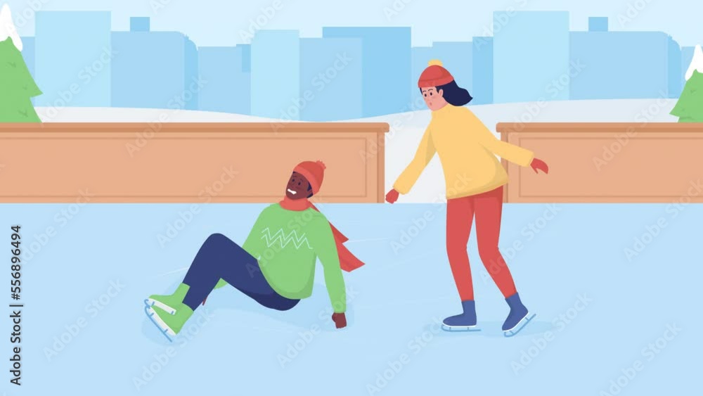 Animated accident fall. Slipped on ice. Young couple on skating rink ...