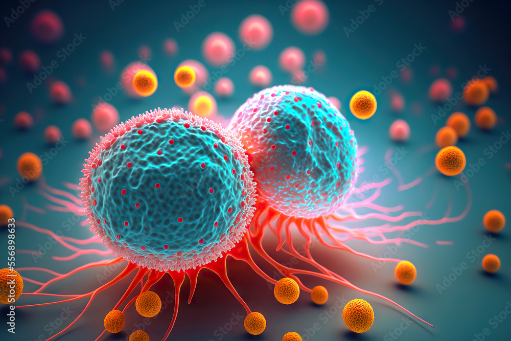 Two pink blue spherical cells in process of cell division Stock ...