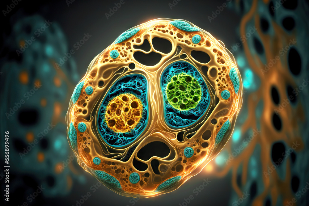 Abstract form of cell division in molecule with membranes and nuclei ...
