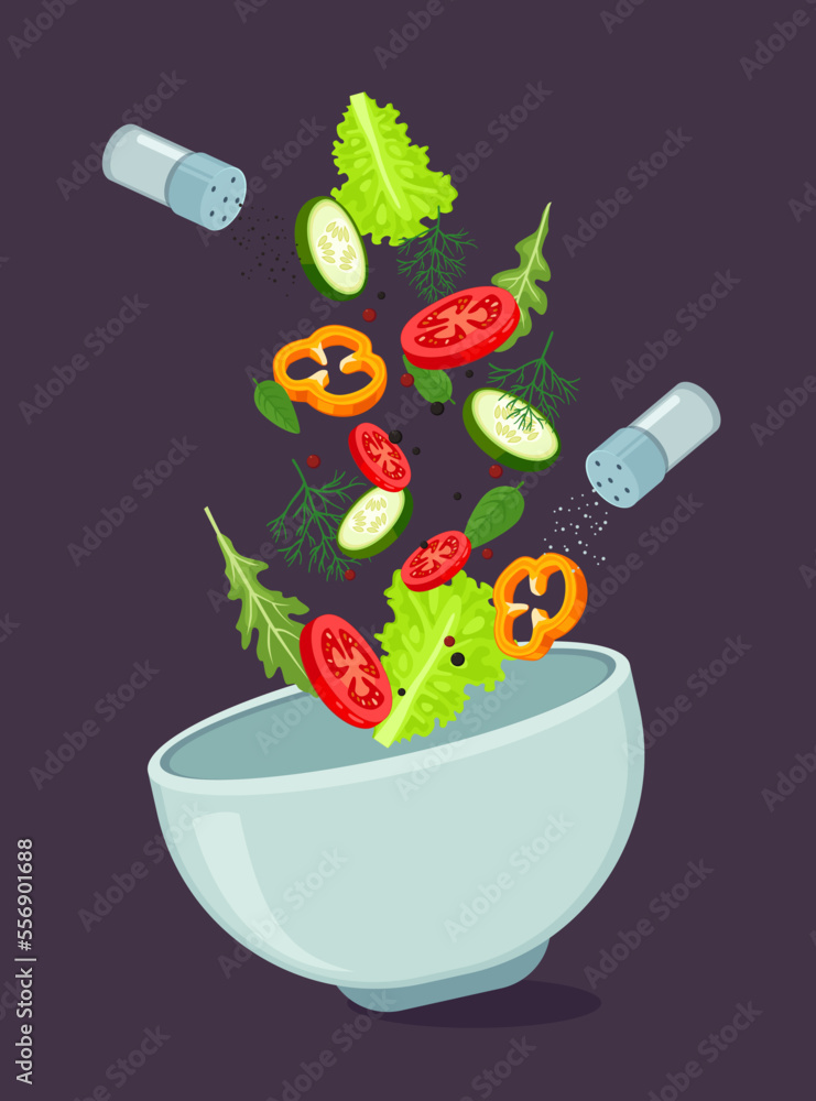 Salad ingredients falling into bowl vector illustration. Cartoon ...