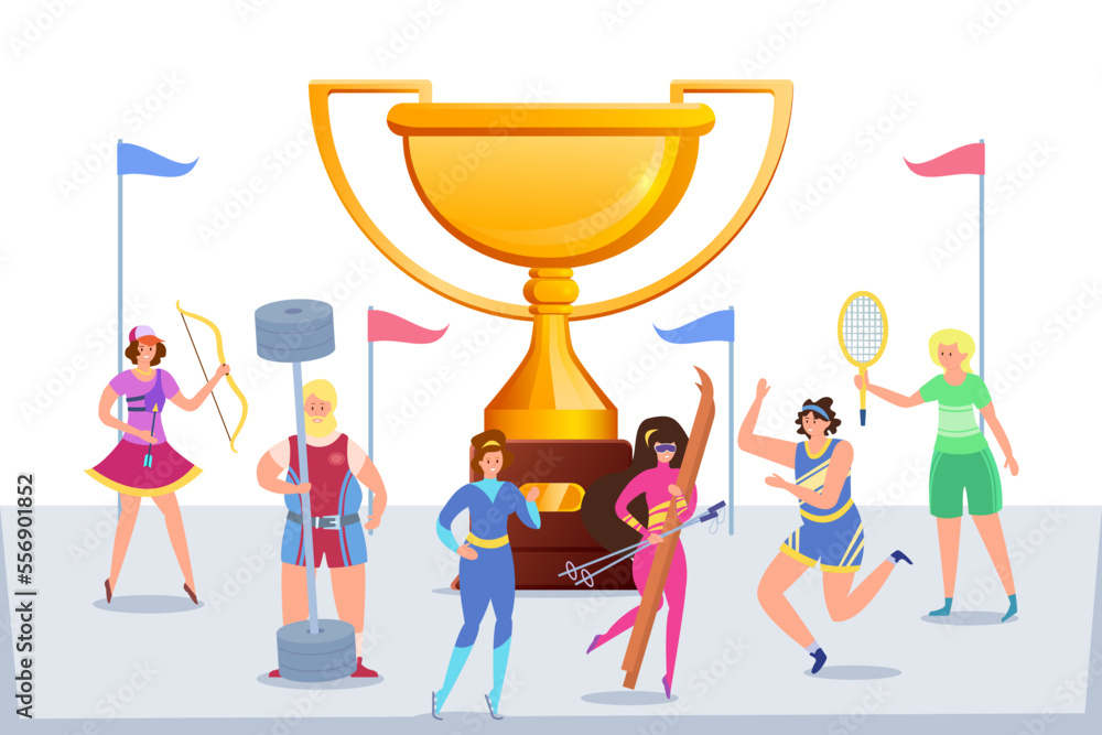 Huge gold cup and different sports people vector illustration. Cartoon ...
