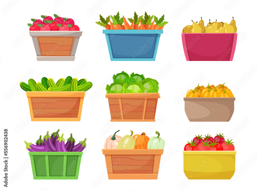 Wooden crates with fruit and vegetables vector illustrations set ...