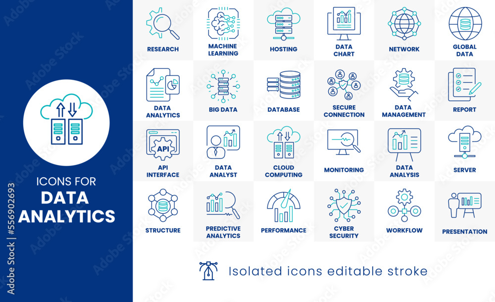 Set of data analytics icons, Isolated icons editable stroke, Symbol for big data analysis ...
