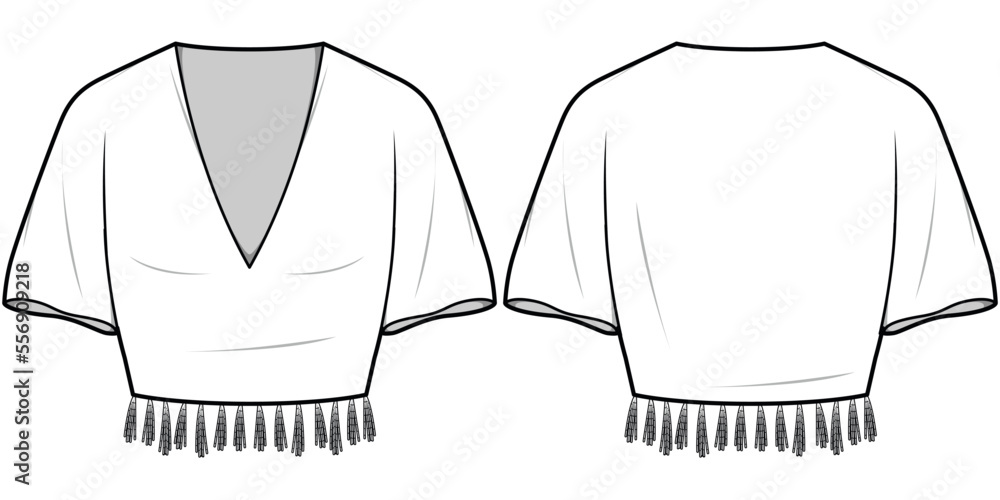 V Neck Tassel Top Front and Back View. Fashion Illustration, Vector ...