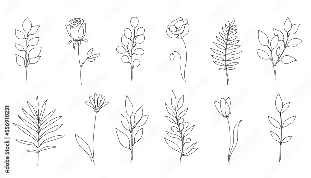 Flower, floral leaf one line art. One continuous line art leaf, flower ...
