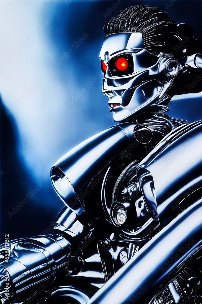 Tough steely android robot with angular features in high contrast light ...