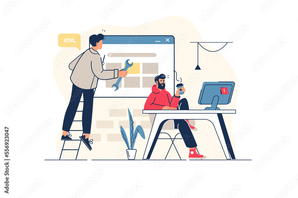 Web development concept in flat line design with people scene. Men ...