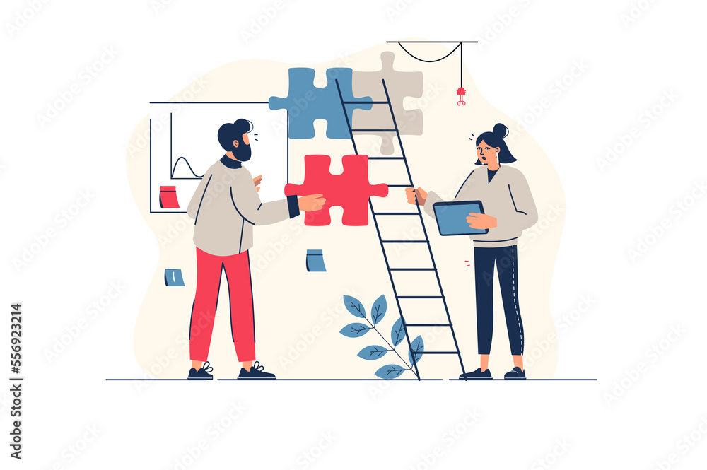 Teamwork concept in flat line design with people scene. Woman and man ...