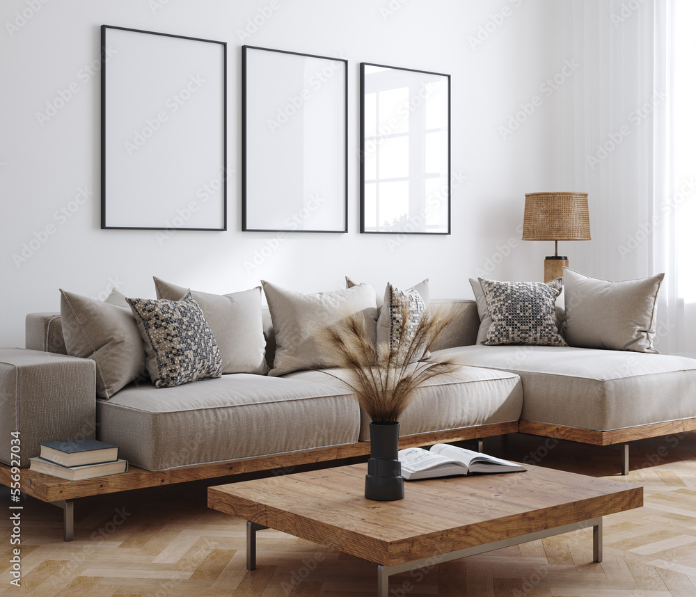 Frame mockup in modern home interior background, 3d render Stock ...