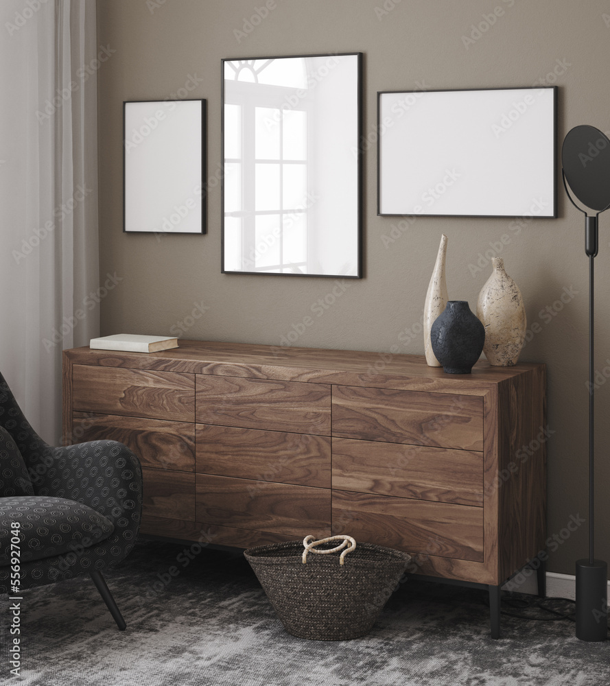 Frame mockup in modern home interior background, 3d render Stock ...