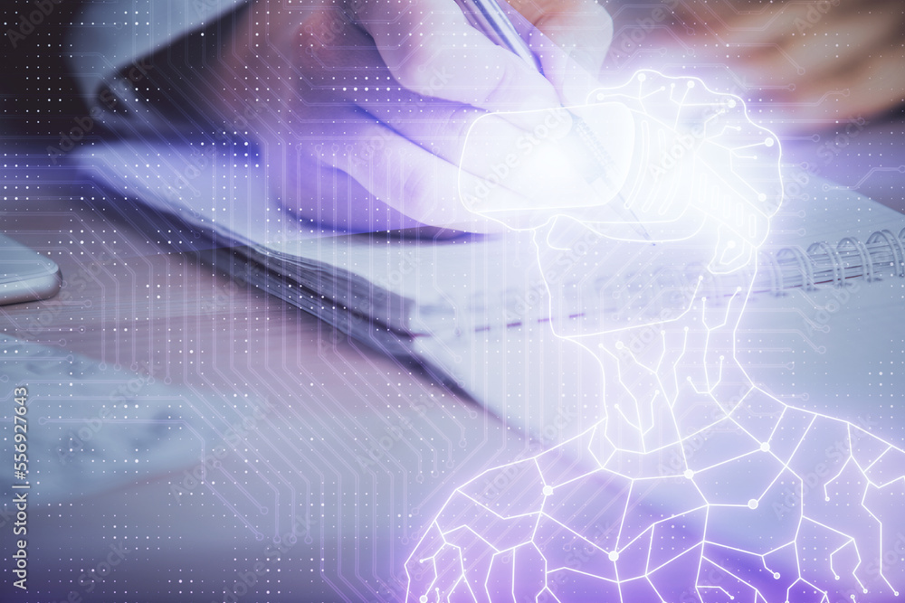 AR hologram over hands taking notes background. Concept of augmented ...