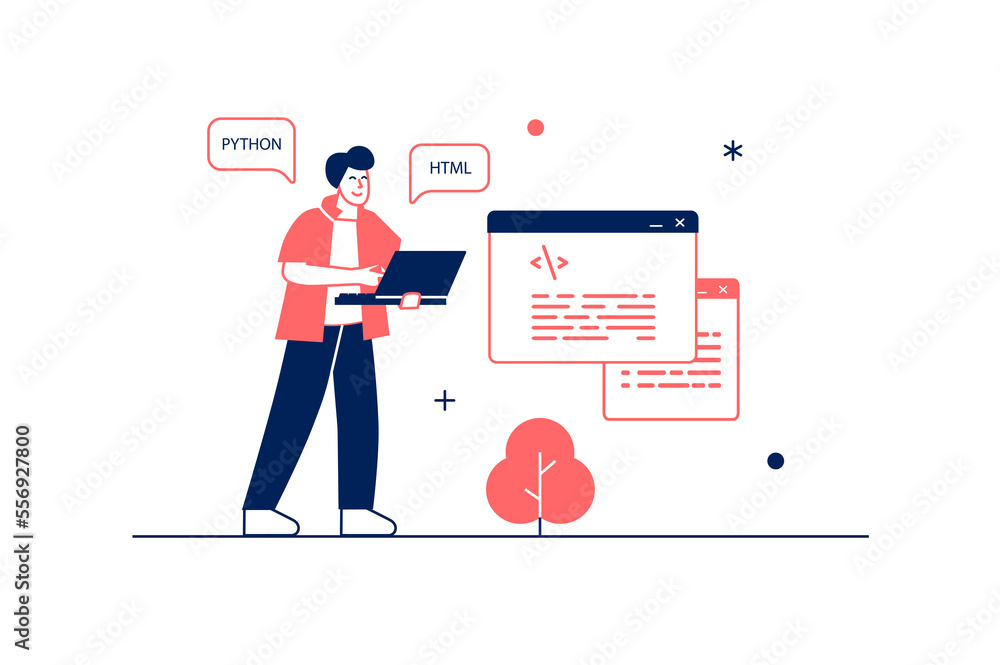 Stockillustratie Software developer concept in flat line design with ...