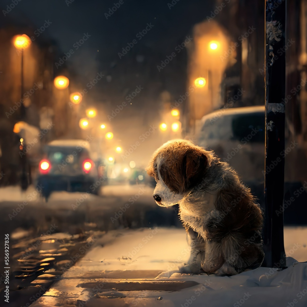 Wet and cold puppy on the street. AI generated Stock Illustration ...