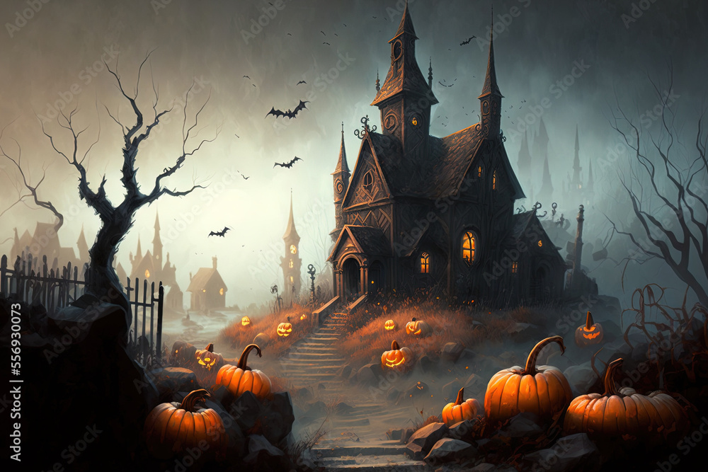 In the mist sits a witch town with pumpkins. Illustration of a ...